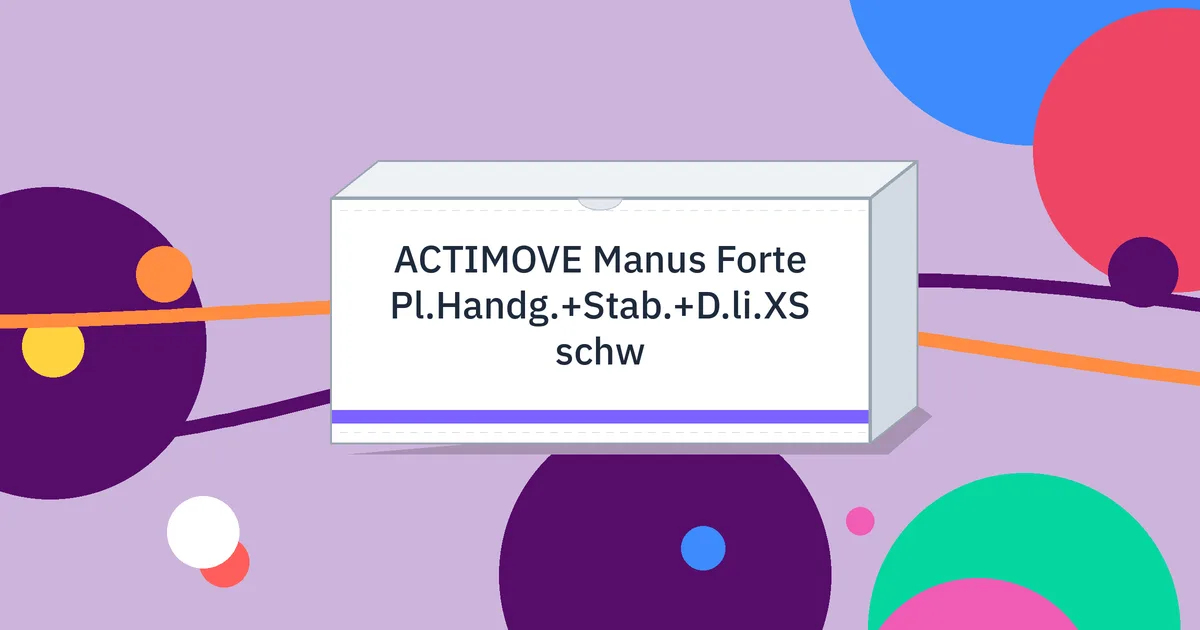Symbolbild: Packung mit der Aufschrift ACTIMOVE Manus Forte Pl.Handg.+Stab.+D.li.XS schw (PZN 17947376) – Verfügbarkeit und Bezug in Apotheken in Frankfurt am Main