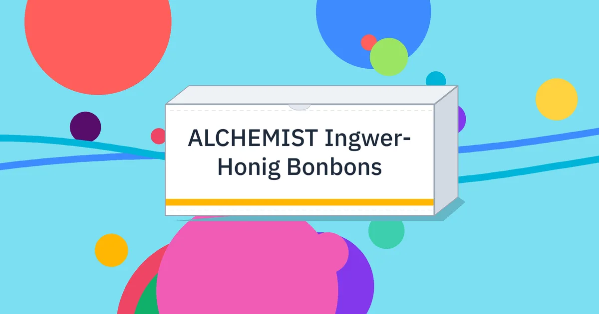 Symbolbild: Packung mit der Aufschrift ALCHEMIST Ingwer-Honig Bonbons (PZN 13896334) – Verfügbarkeit und Bezug in Apotheken in Frankfurt am Main