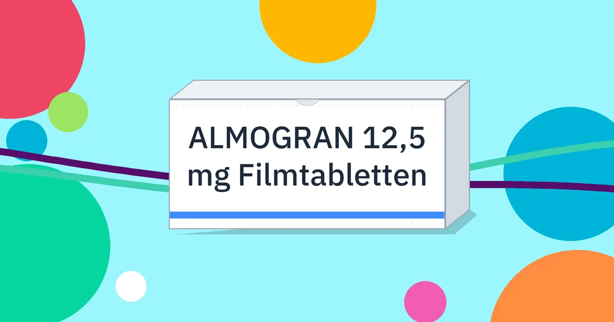 Symbolbild: Packung mit der Aufschrift ALMOGRAN 12,5 mg Filmtabletten (PZN 14241701) – Verfügbarkeit und Bezug in Apotheken in Frankfurt am Main