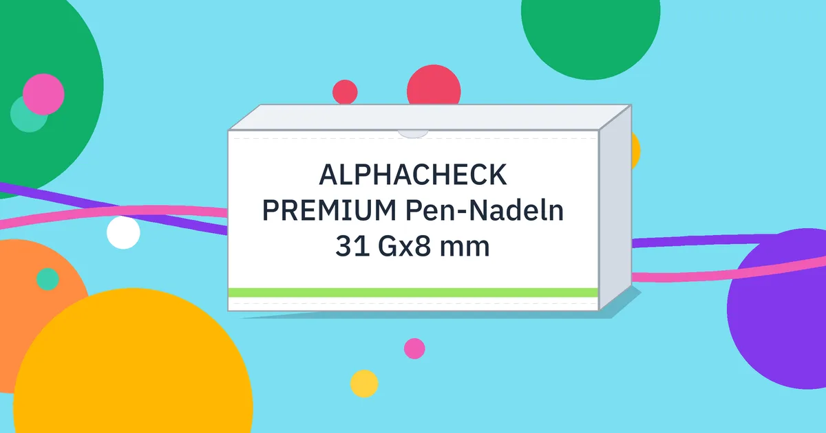 Symbolbild: Packung mit der Aufschrift ALPHACHECK PREMIUM Pen-Nadeln 31 Gx8 mm (PZN 19452704) – Verfügbarkeit und Bezug in Apotheken in Frankfurt am Main