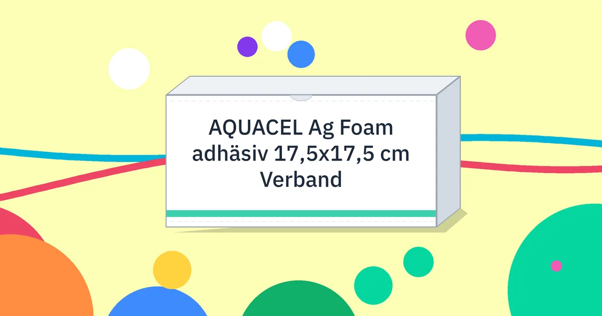 Symbolbild: Packung mit der Aufschrift AQUACEL Ag Foam adhäsiv 17,5x17,5 cm Verband (PZN 09060245) – Verfügbarkeit und Bezug in Apotheken in Frankfurt am Main