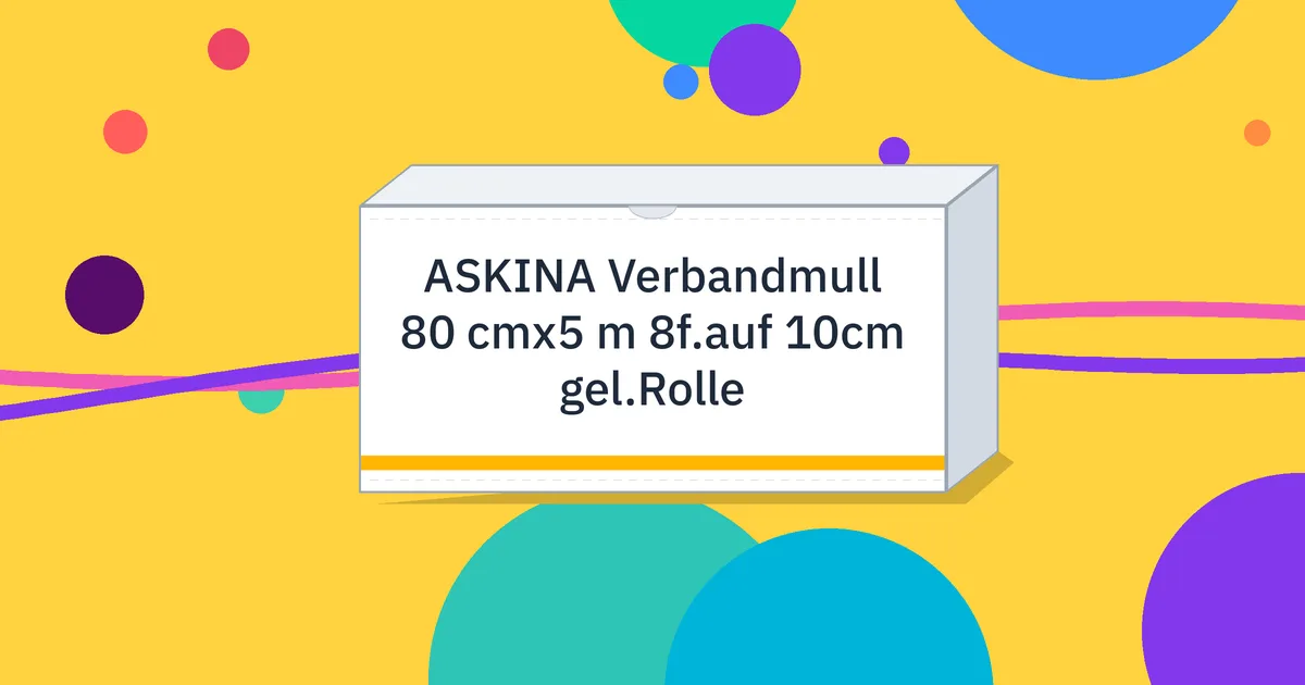 Symbolbild: Packung mit der Aufschrift ASKINA Verbandmull 80 cmx5 m 8f.auf 10cm gel.Rolle (PZN 11296593) – Verfügbarkeit und Bezug in Apotheken in Frankfurt am Main