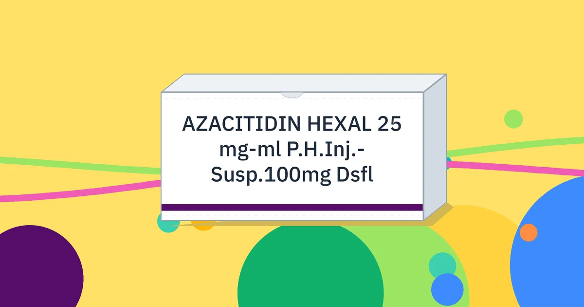 Symbolbild: Packung mit der Aufschrift AZACITIDIN HEXAL 25 mg-ml P.H.Inj.-Susp.100mg Dsfl (PZN 16701070) – Verfügbarkeit und Bezug in Apotheken in Frankfurt am Main