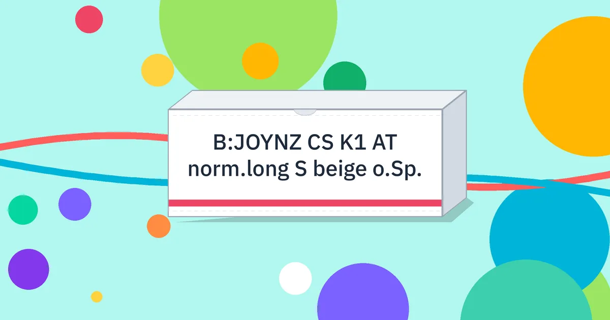 Symbolbild: Packung mit der Aufschrift B:JOYNZ CS K1 AT norm.long S beige o.Sp. (PZN 20537498) – Verfügbarkeit und Bezug in Apotheken in Frankfurt am Main