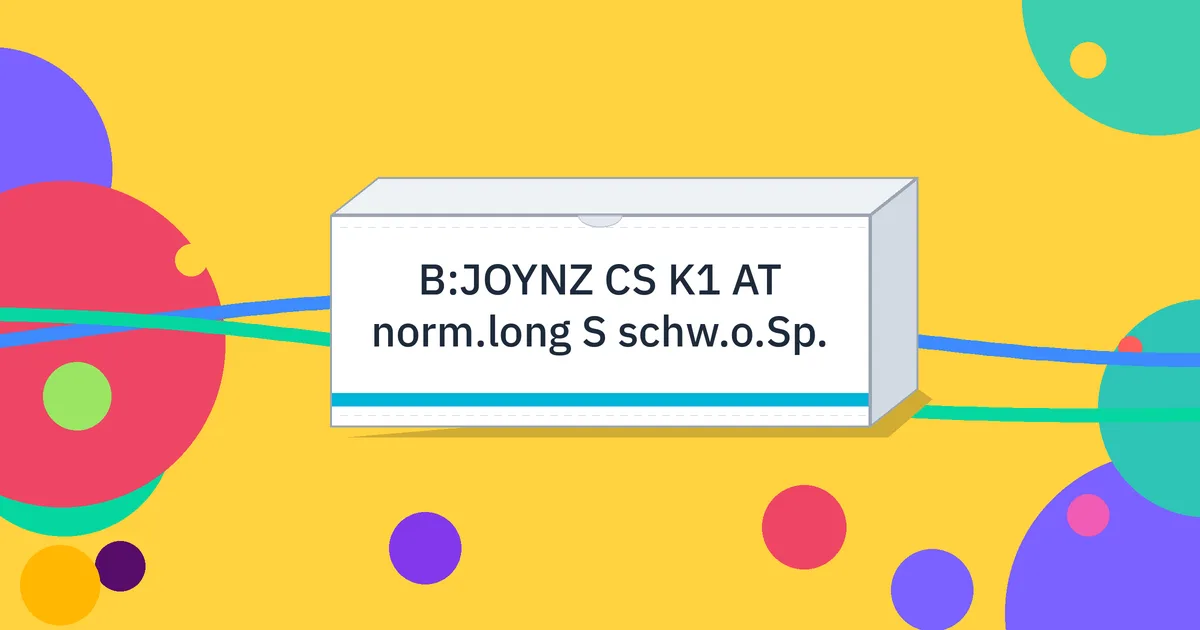 Symbolbild: Packung mit der Aufschrift B:JOYNZ CS K1 AT norm.long S schw.o.Sp. (PZN 20537506) – Verfügbarkeit und Bezug in Apotheken in Frankfurt am Main