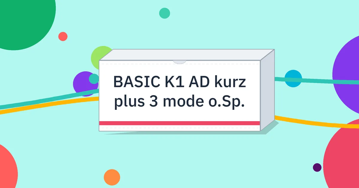 Symbolbild: Packung mit der Aufschrift BASIC K1 AD kurz plus 3 mode o.Sp. (PZN 20258120) – Verfügbarkeit und Bezug in Apotheken in Frankfurt am Main