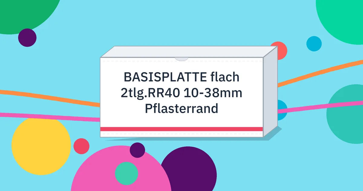 Symbolbild: Packung mit der Aufschrift BASISPLATTE flach 2tlg.RR40 10-38mm Pflasterrand (PZN 10636940) – Verfügbarkeit und Bezug in Apotheken in Frankfurt am Main