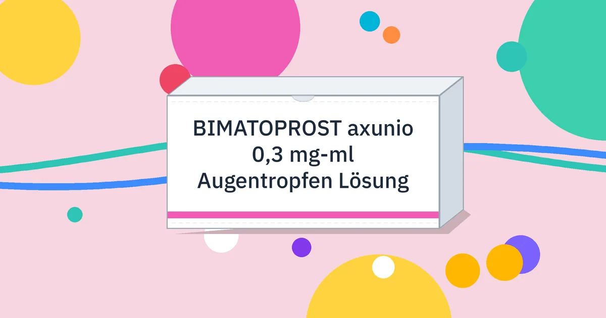 Symbolbild: Packung mit der Aufschrift BIMATOPROST axunio 0,3 mg-ml Augentropfen Lösung (PZN 19270446) – Verfügbarkeit und Bezug in Apotheken in Frankfurt am Main