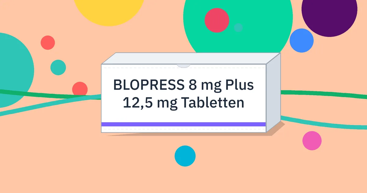 Symbolbild: Packung mit der Aufschrift BLOPRESS 8 mg Plus 12,5 mg Tabletten (PZN 01103825) – Verfügbarkeit und Bezug in Apotheken in Frankfurt am Main