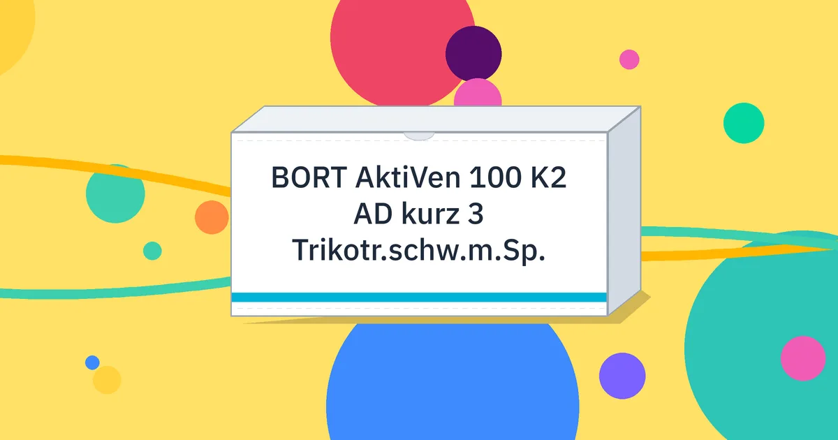 Symbolbild: Packung mit der Aufschrift BORT AktiVen 100 K2 AD kurz 3 Trikotr.schw.m.Sp. (PZN 14386807) – Verfügbarkeit und Bezug in Apotheken in Frankfurt am Main