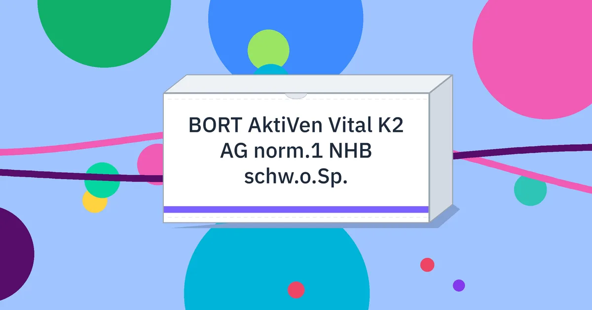 Symbolbild: Packung mit der Aufschrift BORT AktiVen Vital K2 AG norm.1 NHB schw.o.Sp. (PZN 12384626) – Verfügbarkeit und Bezug in Apotheken in Frankfurt am Main