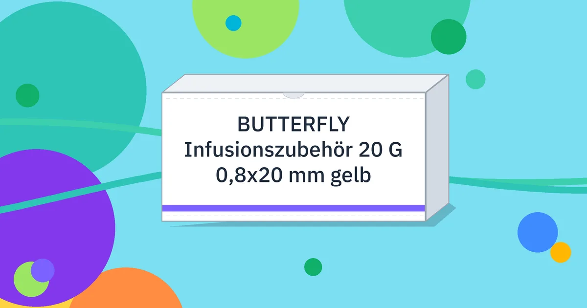 Symbolbild: Packung mit der Aufschrift BUTTERFLY Infusionszubehör 20 G 0,8x20 mm gelb (PZN 19699161) – Verfügbarkeit und Bezug in Apotheken in Frankfurt am Main