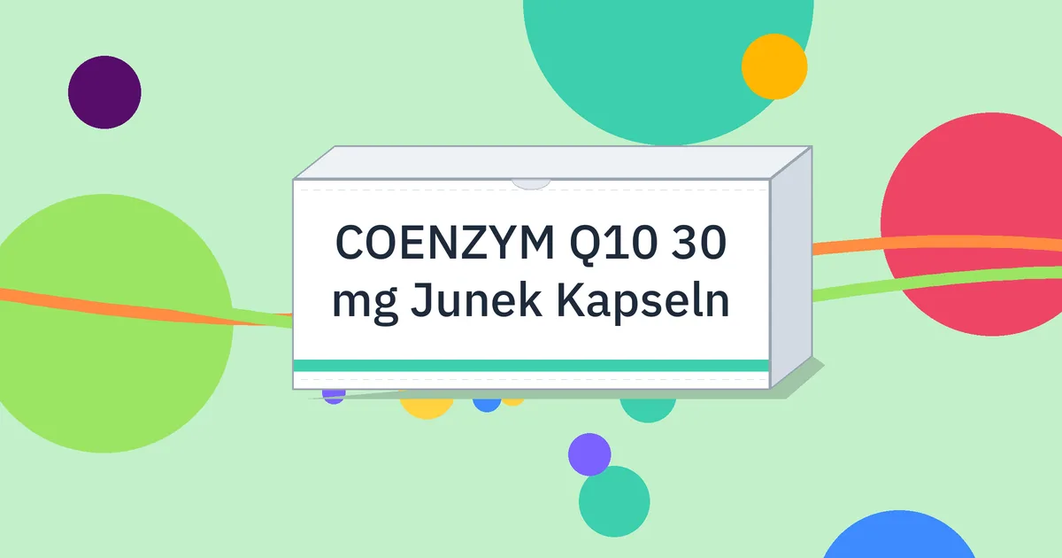 Symbolbild: Packung mit der Aufschrift COENZYM Q10 30 mg Junek Kapseln (PZN 09719862) – Verfügbarkeit und Bezug in Apotheken in Frankfurt am Main