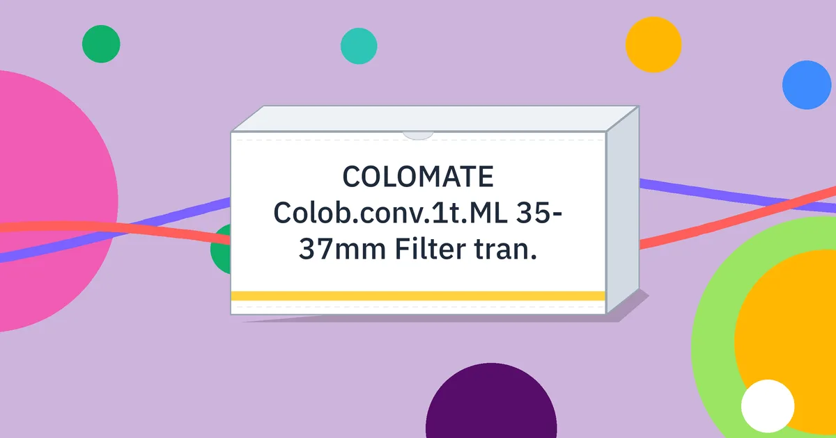 Symbolbild: Packung mit der Aufschrift COLOMATE Colob.conv.1t.ML 35-37mm Filter tran. (PZN 03374190) – Verfügbarkeit und Bezug in Apotheken in Frankfurt am Main