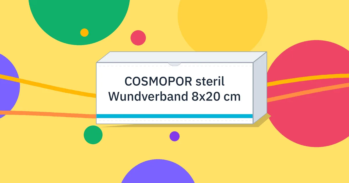 Symbolbild: Packung mit der Aufschrift COSMOPOR steril Wundverband 8x20 cm (PZN 19520191) – Verfügbarkeit und Bezug in Apotheken in Frankfurt am Main
