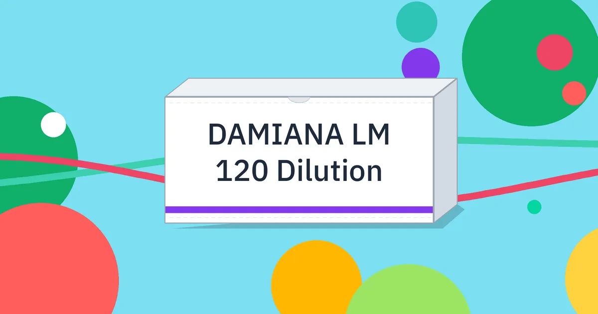 Symbolbild: Packung mit der Aufschrift DAMIANA LM 120 Dilution (PZN 13461346) – Verfügbarkeit und Bezug in Apotheken in Frankfurt am Main