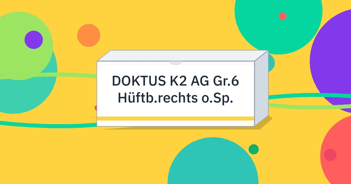 Symbolbild: Packung mit der Aufschrift DOKTUS K2 AG Gr.6 Hüftb.rechts o.Sp. (PZN 03311166) – Verfügbarkeit und Bezug in Apotheken in Frankfurt am Main