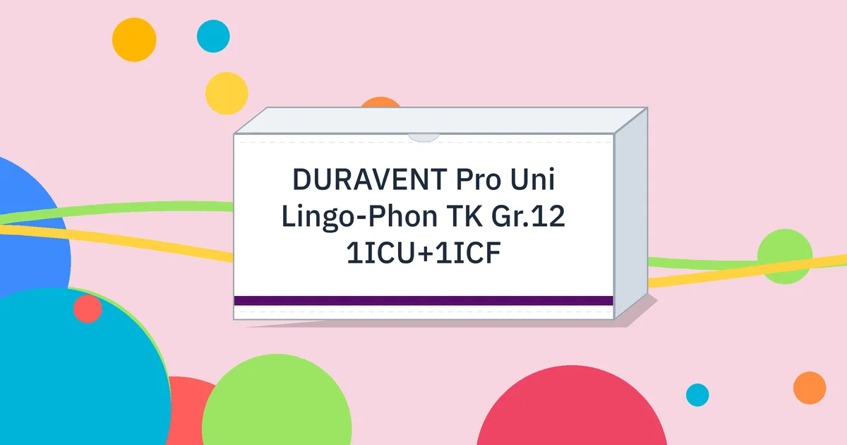 Symbolbild: Packung mit der Aufschrift DURAVENT Pro Uni Lingo-Phon TK Gr.12 1ICU+1ICF (PZN 19246353) – Verfügbarkeit und Bezug in Apotheken in Frankfurt am Main