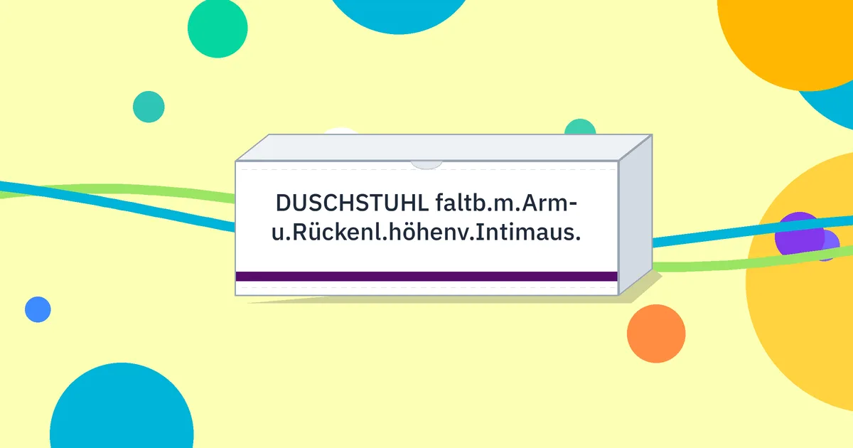 Symbolbild: Packung mit der Aufschrift DUSCHSTUHL faltb.m.Arm-u.Rückenl.höhenv.Intimaus. (PZN 03099772) – Verfügbarkeit und Bezug in Apotheken in Frankfurt am Main