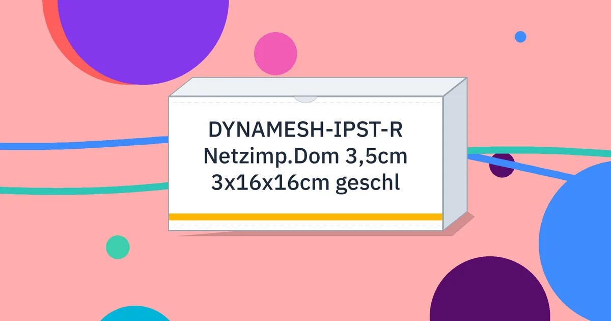 Symbolbild: Packung mit der Aufschrift DYNAMESH-IPST-R Netzimp.Dom 3,5cm 3x16x16cm geschl (PZN 19389383) – Verfügbarkeit und Bezug in Apotheken in Frankfurt am Main