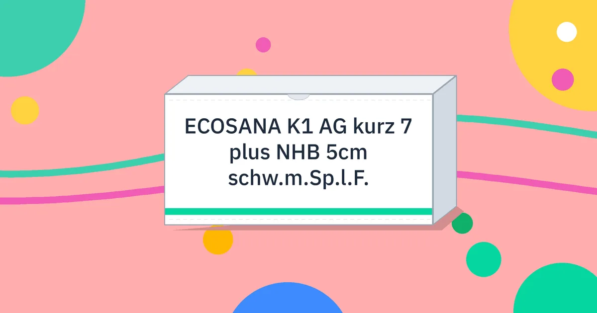 Symbolbild: Packung mit der Aufschrift ECOSANA K1 AG kurz 7 plus NHB 5cm schw.m.Sp.l.F. (PZN 04730563) – Verfügbarkeit und Bezug in Apotheken in Frankfurt am Main