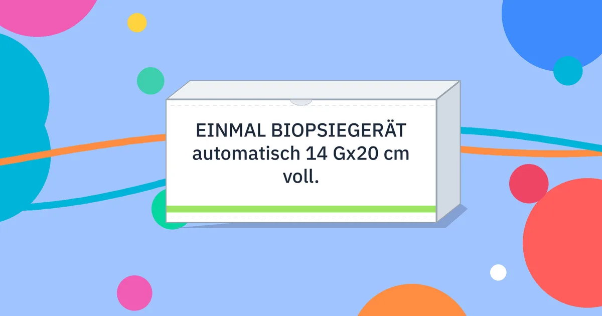 Symbolbild: Packung mit der Aufschrift EINMAL BIOPSIEGERÄT automatisch 14 Gx20 cm voll. (PZN 14384381) – Verfügbarkeit und Bezug in Apotheken in Frankfurt am Main