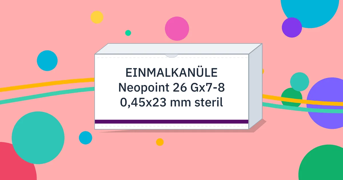 Symbolbild: Packung mit der Aufschrift EINMALKANÜLE Neopoint 26 Gx7-8 0,45x23 mm steril (PZN 00363369) – Verfügbarkeit und Bezug in Apotheken in Frankfurt am Main