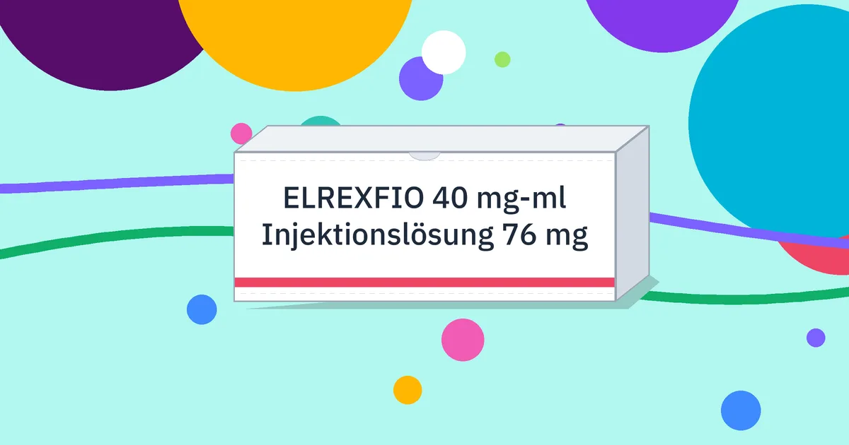 Symbolbild: Packung mit der Aufschrift ELREXFIO 40 mg-ml Injektionslösung 76 mg (PZN 18651608) – Verfügbarkeit und Bezug in Apotheken in Frankfurt am Main