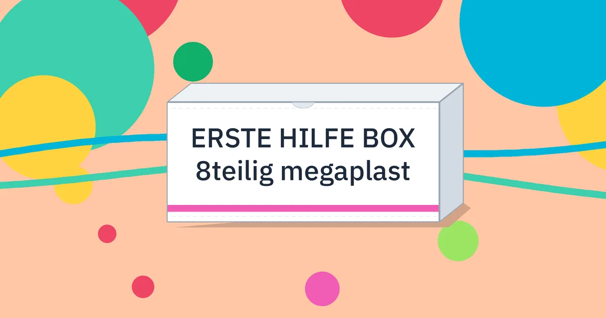 Symbolbild: Packung mit der Aufschrift ERSTE HILFE BOX 8teilig megaplast (PZN 16500609) – Verfügbarkeit und Bezug in Apotheken in Frankfurt am Main
