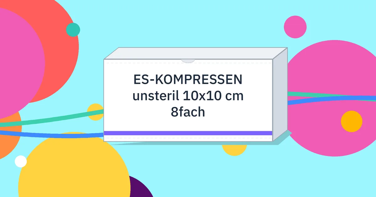 Symbolbild: Packung mit der Aufschrift ES-KOMPRESSEN unsteril 10x10 cm 8fach (PZN 16829580) – Verfügbarkeit und Bezug in Apotheken in Frankfurt am Main