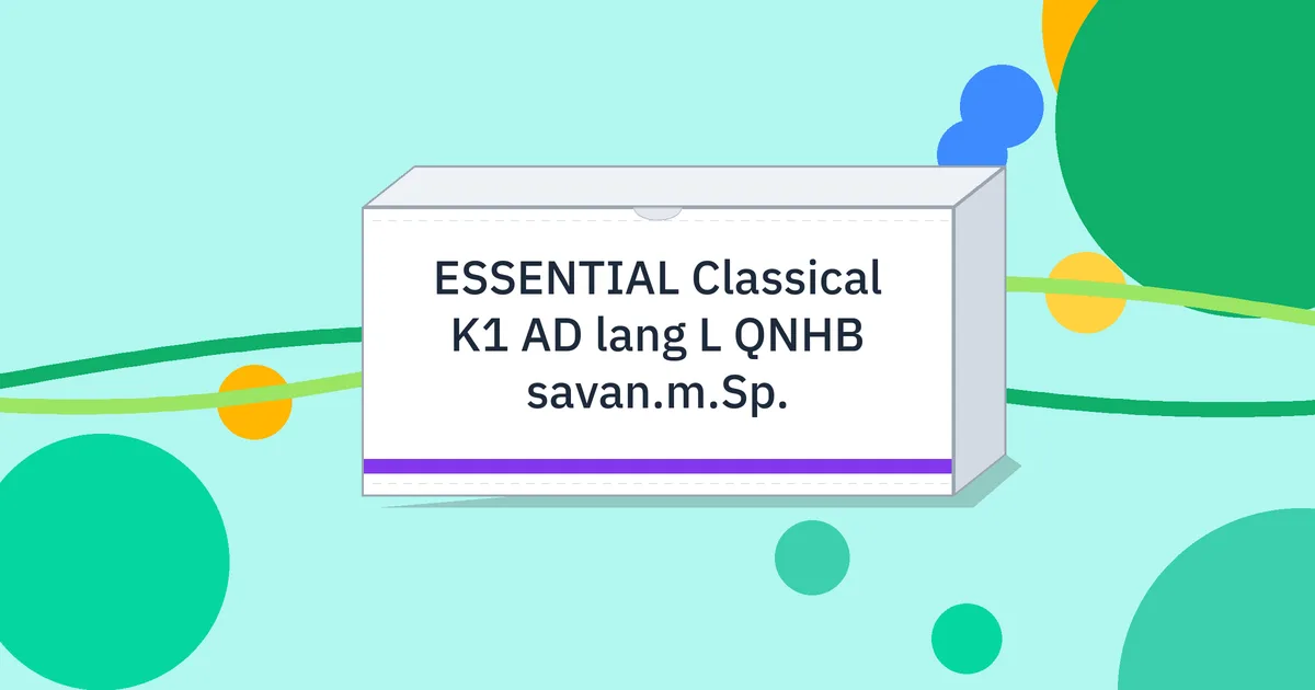 Symbolbild: Packung mit der Aufschrift ESSENTIAL Classical K1 AD lang L QNHB savan.m.Sp. (PZN 18867165) – Verfügbarkeit und Bezug in Apotheken in Frankfurt am Main