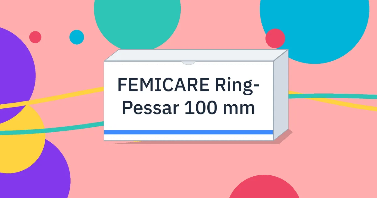 Symbolbild: Packung mit der Aufschrift FEMICARE Ring-Pessar 100 mm (PZN 19336139) – Verfügbarkeit und Bezug in Apotheken in Frankfurt am Main