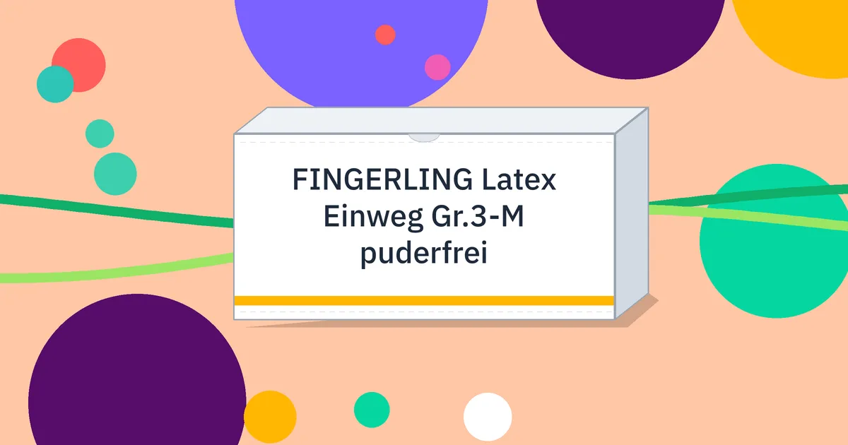 Symbolbild: Packung mit der Aufschrift FINGERLING Latex Einweg Gr.3-M puderfrei (PZN 19523605) – Verfügbarkeit und Bezug in Apotheken in Frankfurt am Main