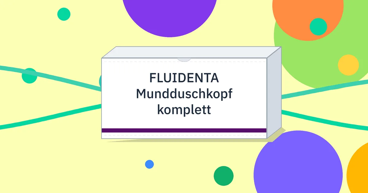 Symbolbild: Packung mit der Aufschrift FLUIDENTA Mundduschkopf komplett (PZN 03427555) – Verfügbarkeit und Bezug in Apotheken in Frankfurt am Main