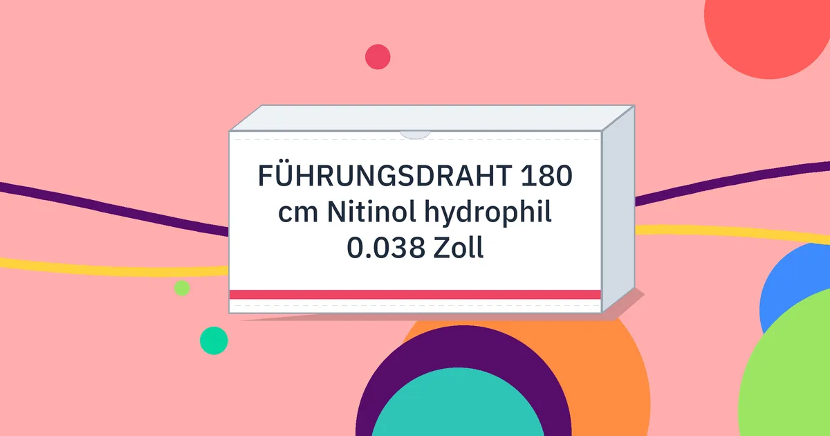 Symbolbild: Packung mit der Aufschrift FÜHRUNGSDRAHT 180 cm Nitinol hydrophil 0.038 Zoll (PZN 12424923) – Verfügbarkeit und Bezug in Apotheken in Frankfurt am Main