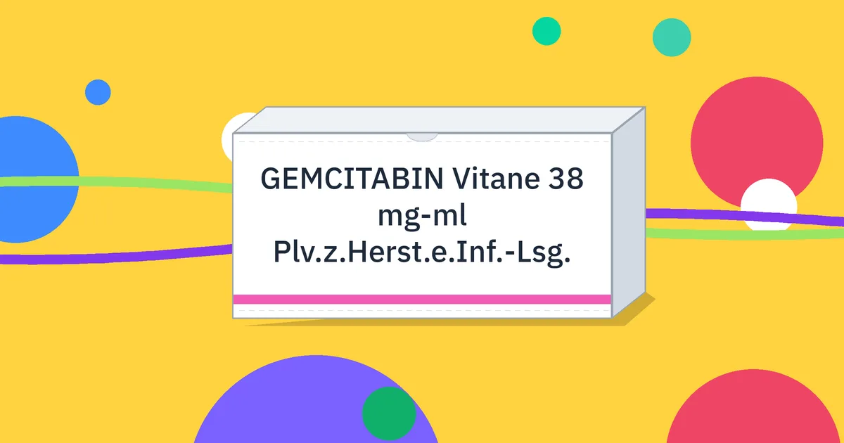 Symbolbild: Packung mit der Aufschrift GEMCITABIN Vitane 38 mg-ml Plv.z.Herst.e.Inf.-Lsg. (PZN 15405926) – Verfügbarkeit und Bezug in Apotheken in Frankfurt am Main