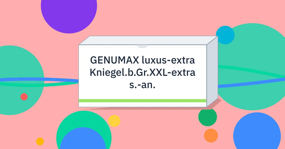 Symbolbild: Packung mit der Aufschrift GENUMAX luxus-extra Kniegel.b.Gr.XXL-extra s.-an. (PZN 11329074) – Verfügbarkeit und Bezug in Apotheken in Frankfurt am Main