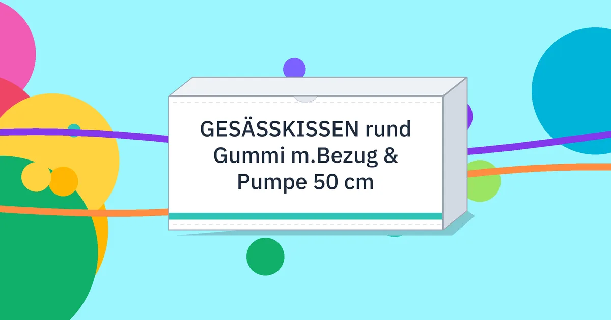 Symbolbild: Packung mit der Aufschrift GESÄSSKISSEN rund Gummi m.Bezug & Pumpe 50 cm (PZN 12434347) – Verfügbarkeit und Bezug in Apotheken in Frankfurt am Main