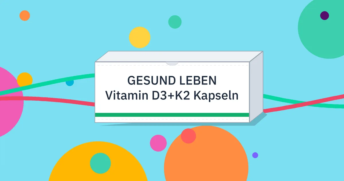 Symbolbild: Packung mit der Aufschrift GESUND LEBEN Vitamin D3+K2 Kapseln (PZN 20315496) – Verfügbarkeit und Bezug in Apotheken in Frankfurt am Main