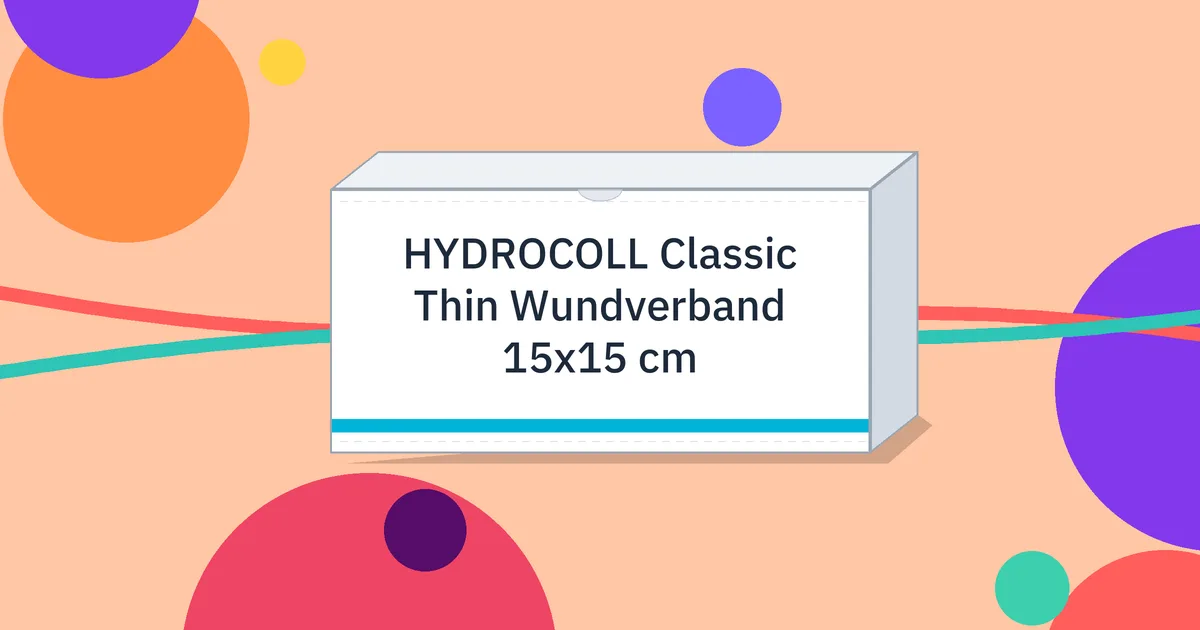 Symbolbild: Packung mit der Aufschrift HYDROCOLL Classic Thin Wundverband 15x15 cm (PZN 19814366) – Verfügbarkeit und Bezug in Apotheken in Frankfurt am Main