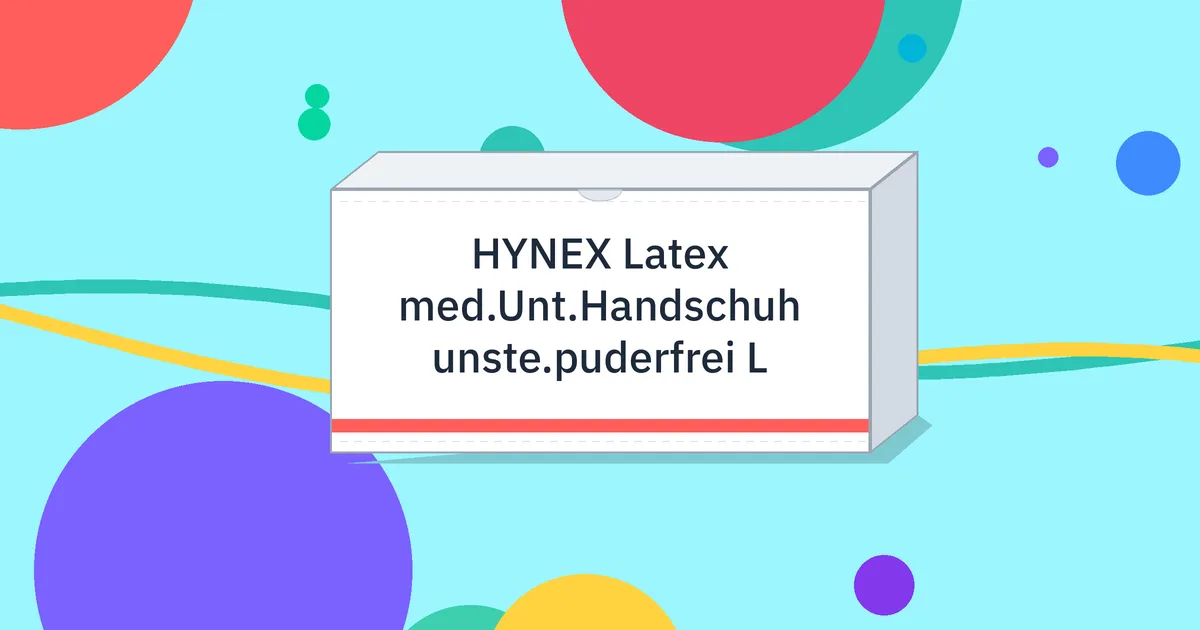 Symbolbild: Packung mit der Aufschrift HYNEX Latex med.Unt.Handschuh unste.puderfrei L (PZN 20353657) – Verfügbarkeit und Bezug in Apotheken in Frankfurt am Main