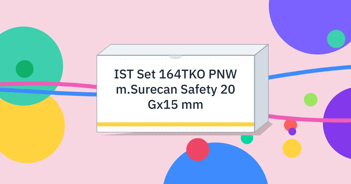 Symbolbild: Packung mit der Aufschrift IST Set 164TKO PNW m.Surecan Safety 20 Gx15 mm (PZN 13868177) – Verfügbarkeit und Bezug in Apotheken in Frankfurt am Main