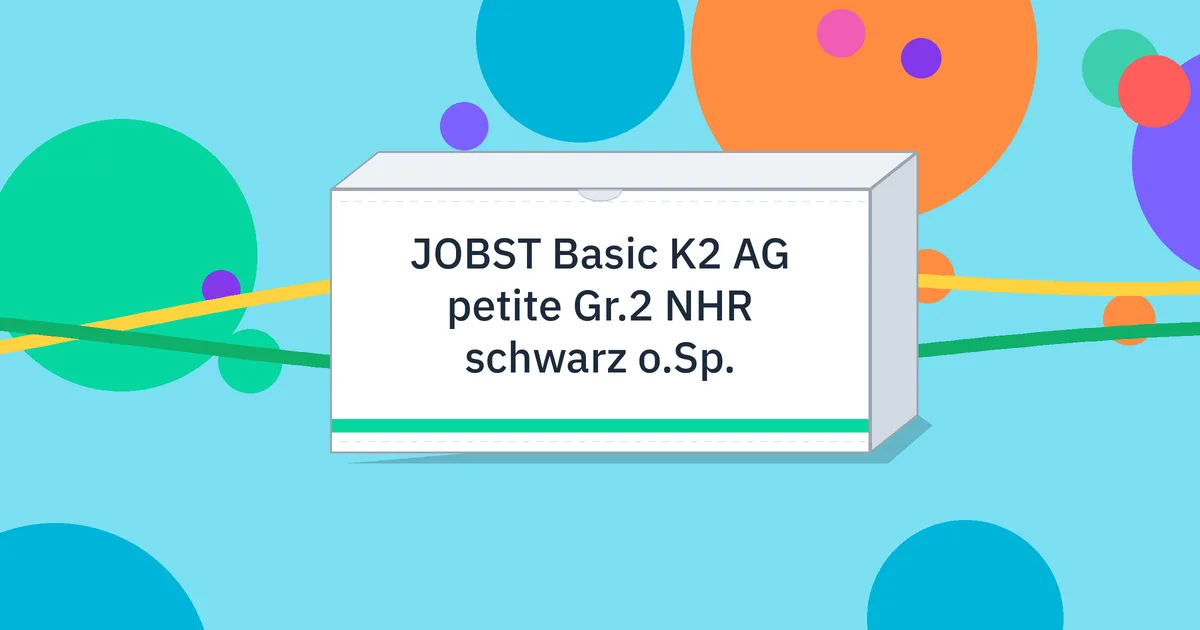 Symbolbild: Packung mit der Aufschrift JOBST Basic K2 AG petite Gr.2 NHR schwarz o.Sp. (PZN 15311272) – Verfügbarkeit und Bezug in Apotheken in Frankfurt am Main