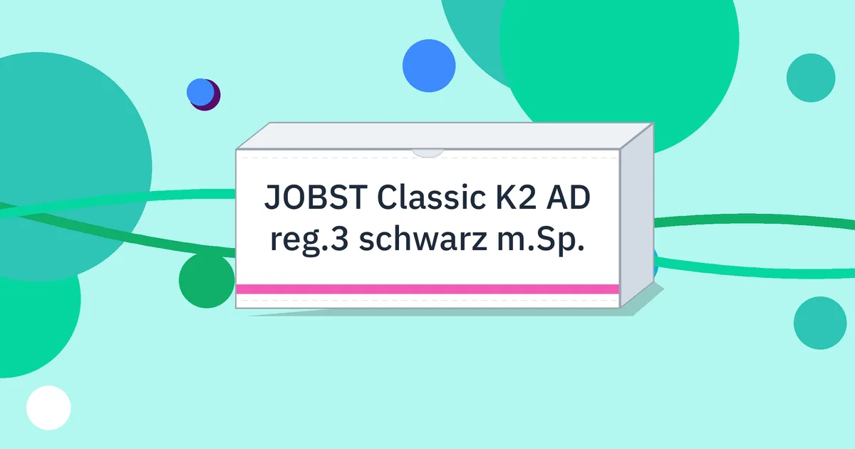 Symbolbild: Packung mit der Aufschrift JOBST Classic K2 AD reg.3 schwarz m.Sp. (PZN 10726146) – Verfügbarkeit und Bezug in Apotheken in Frankfurt am Main