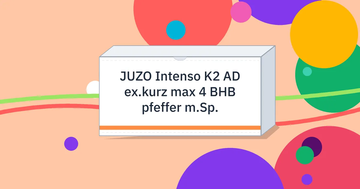 Symbolbild: Packung mit der Aufschrift JUZO Intenso K2 AD ex.kurz max 4 BHB pfeffer m.Sp. (PZN 18613737) – Verfügbarkeit und Bezug in Apotheken in Frankfurt am Main