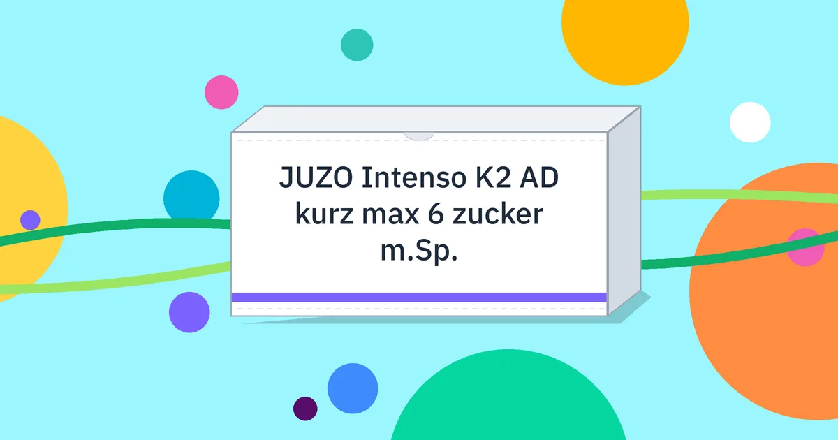Symbolbild: Packung mit der Aufschrift JUZO Intenso K2 AD kurz max 6 zucker m.Sp. (PZN 18608452) – Verfügbarkeit und Bezug in Apotheken in Frankfurt am Main