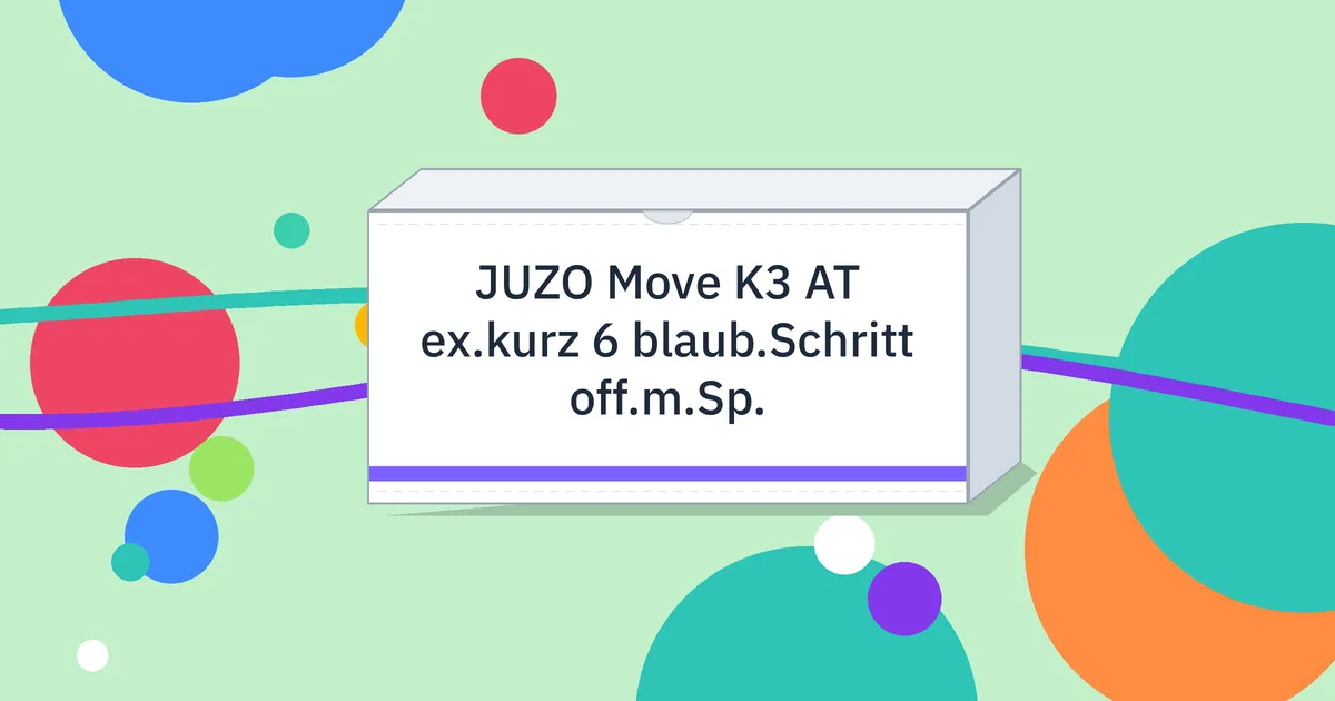 Symbolbild: Packung mit der Aufschrift JUZO Move K3 AT ex.kurz 6 blaub.Schritt off.m.Sp. (PZN 20680669) – Verfügbarkeit und Bezug in Apotheken in Frankfurt am Main