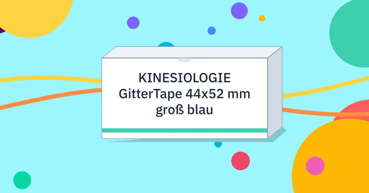 Symbolbild: Packung mit der Aufschrift KINESIOLOGIE GitterTape 44x52 mm groß blau (PZN 09630079) – Verfügbarkeit und Bezug in Apotheken in Frankfurt am Main