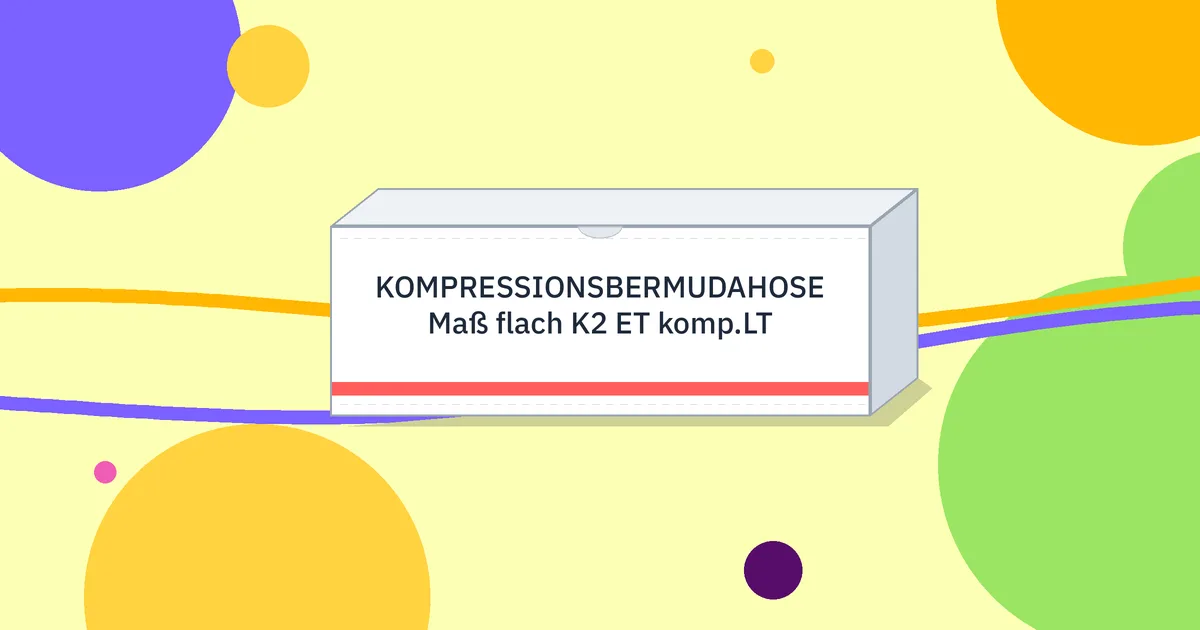 Symbolbild: Packung mit der Aufschrift KOMPRESSIONSBERMUDAHOSE Maß flach K2 ET komp.LT (PZN 19998001) – Verfügbarkeit und Bezug in Apotheken in Frankfurt am Main