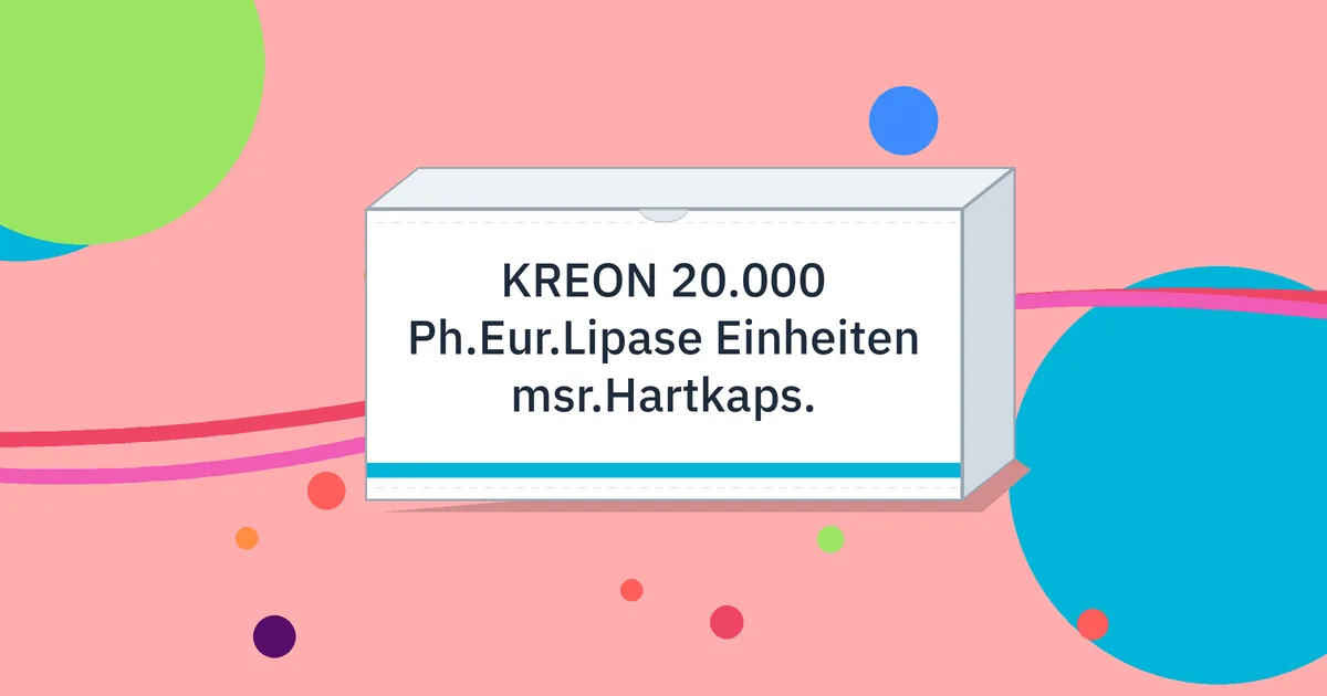 Symbolbild: Packung mit der Aufschrift KREON 20.000 Ph.Eur.Lipase Einheiten msr.Hartkaps. (PZN 14327638) – Verfügbarkeit und Bezug in Apotheken in Frankfurt am Main